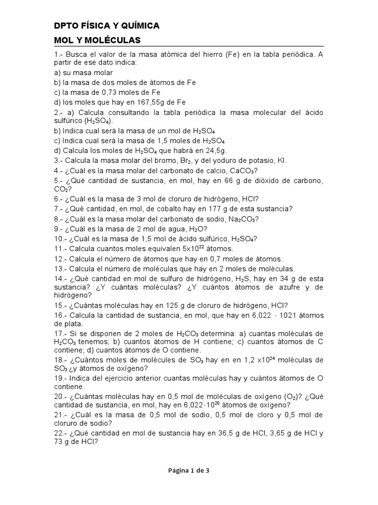 Ejercicios de Moles y Moléculas 3 ESO | PDF | Ciencia y matemáticas
