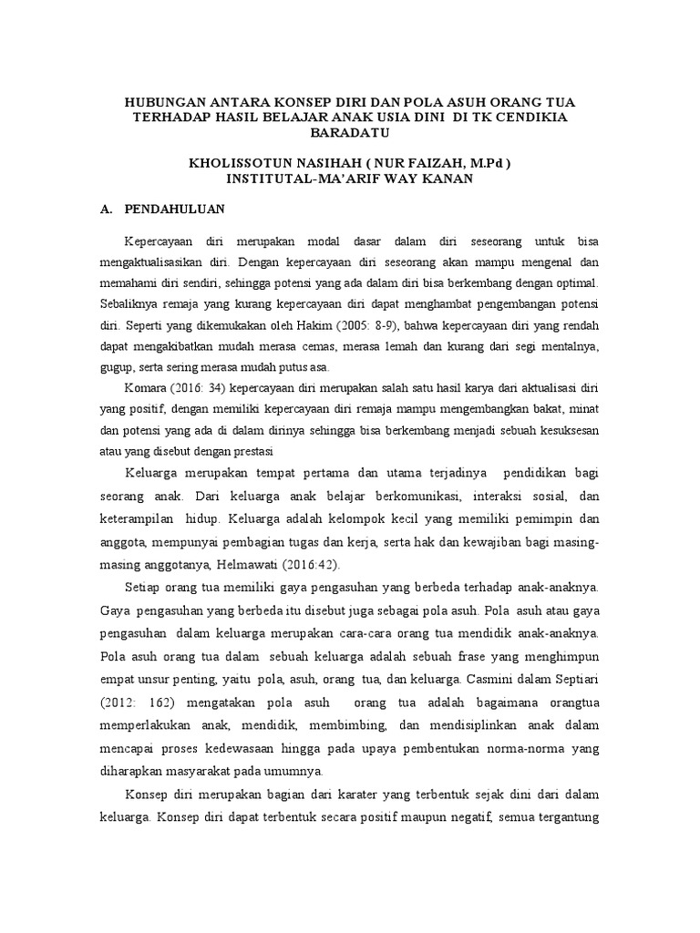 Hubungan Antara Konsep Diri Dan Pola Asuh Orang Tua Terhadap Hasil Belajar Anak Usia Dini | PDF ...