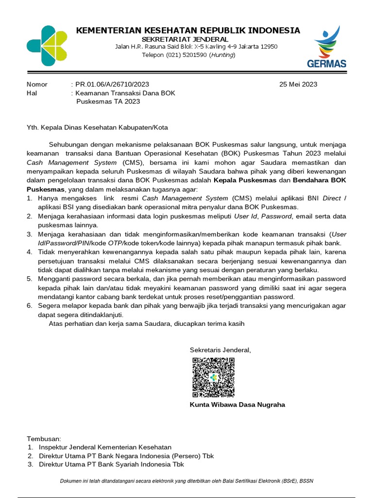 Surat Sekjen - Keamanan Transaksi Dana BOK | PDF