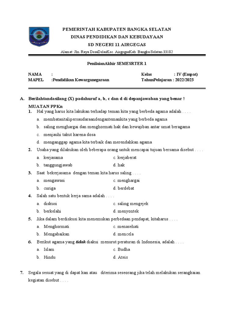 Penilaianakhir Semesrter 1 Nama: Kelas: Iv (Empat) Mapel:Pendidikan ...