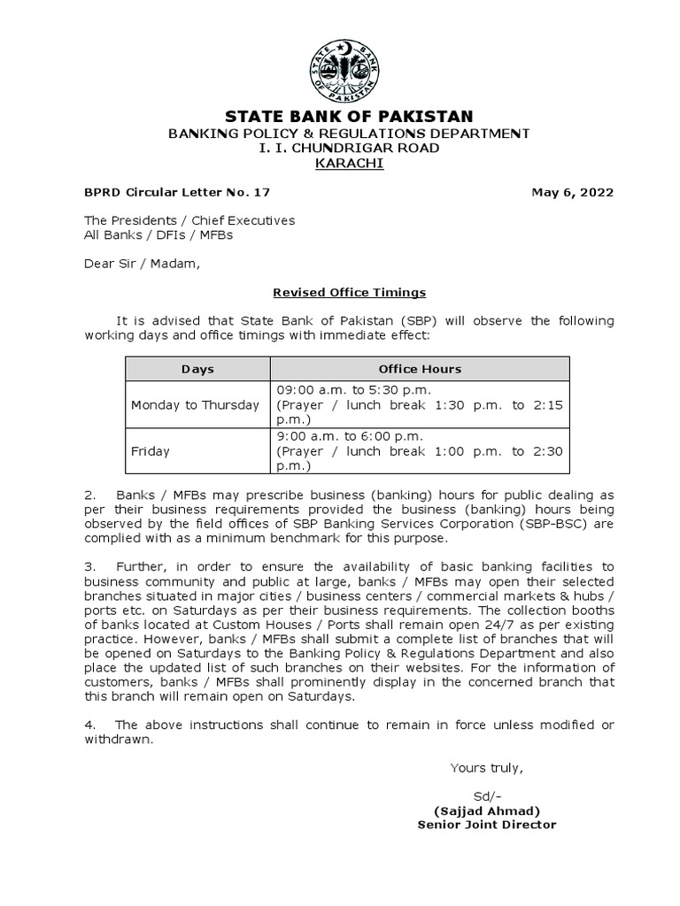 BPRD Circular Letter No. 17 of 2022 - Revised Office Timing | PDF