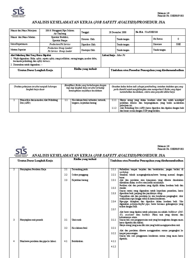 106. JSA Mengganti Pipa Saluran Air Tambang | PDF