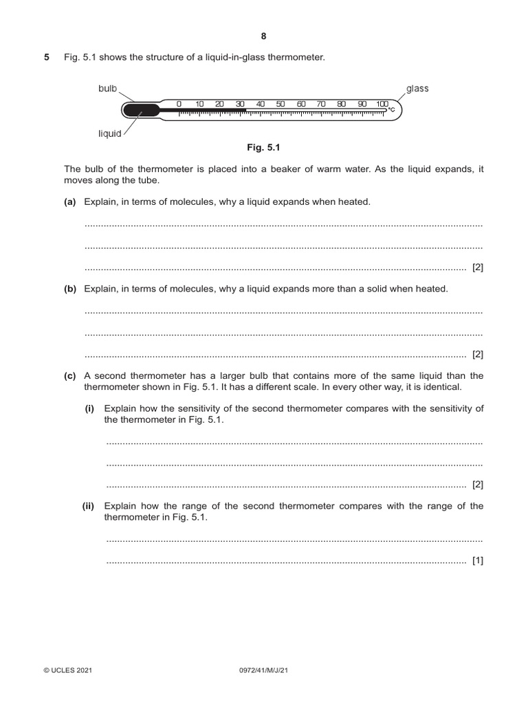 0972 June 2021 QP 41 Cie Igcse Physics - Pdfquestion5 | PDF | Thermometer | Liquids