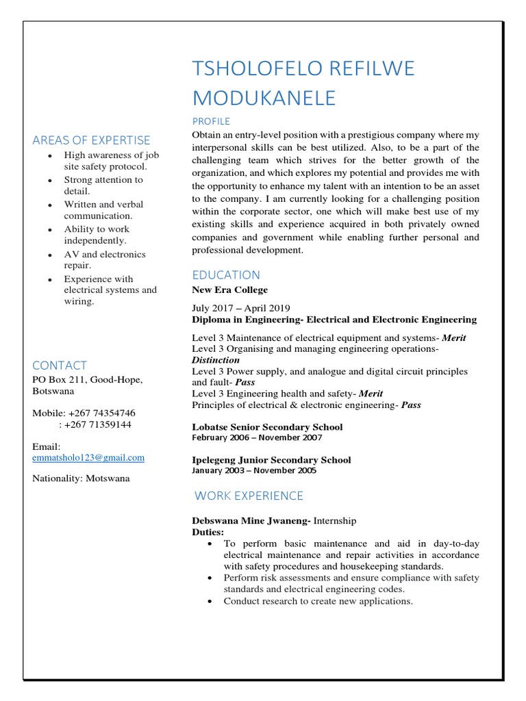 Modukanele Tsholo's CV Overview | PDF