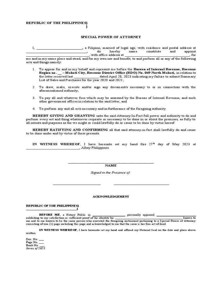 SPA BIR Transaction | PDF | Power Of Attorney | Private Law