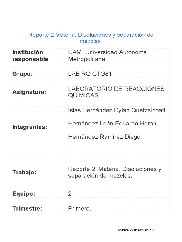 Reporte 2 Materia. Disoluciones y Separación de Mezclas. | PDF