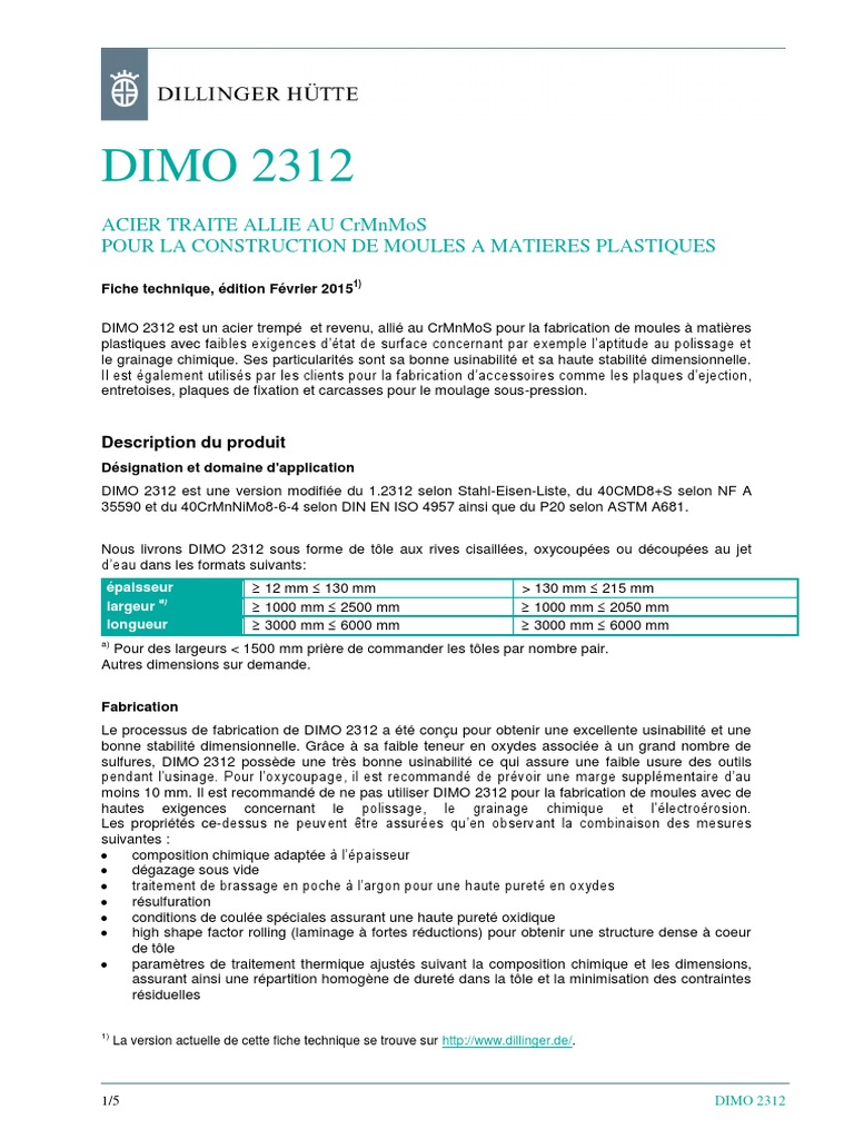 Acier DIMO 2312 pour moules plastiques | PDF | Usinage | Dureté (matériau)