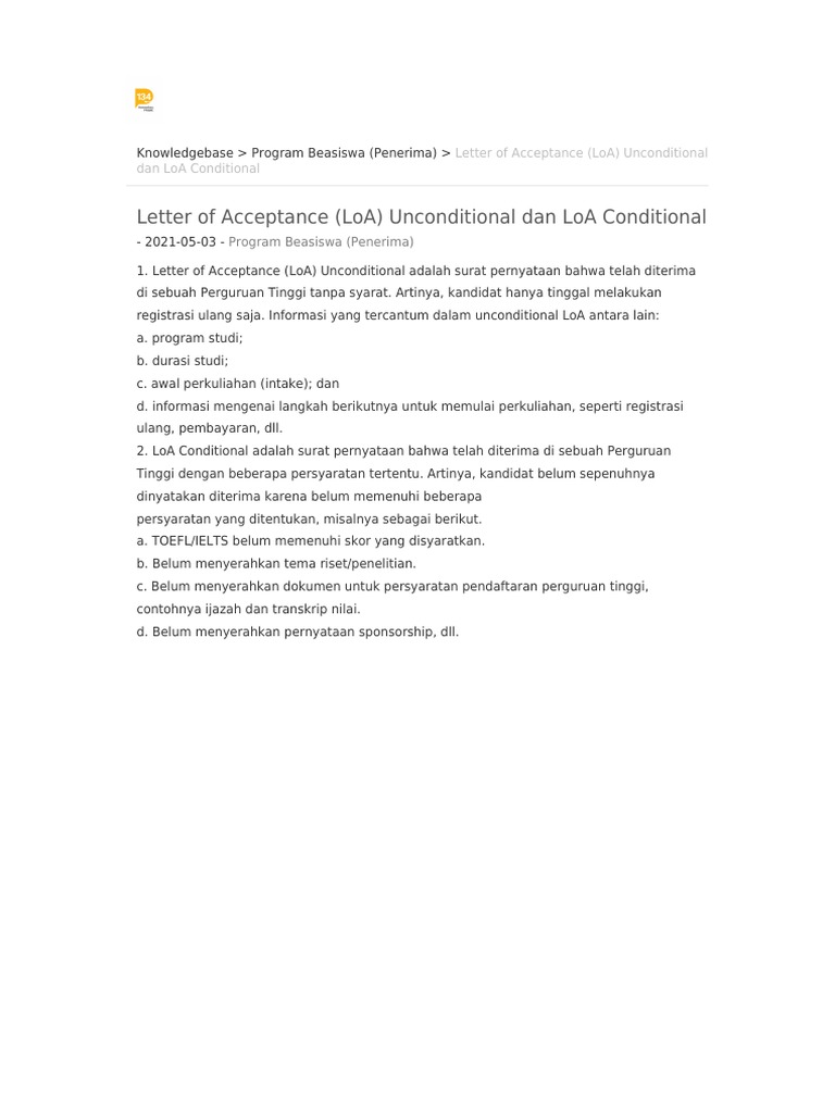 Letter of Acceptance LoA Unconditional Dan LoA Conditional | PDF