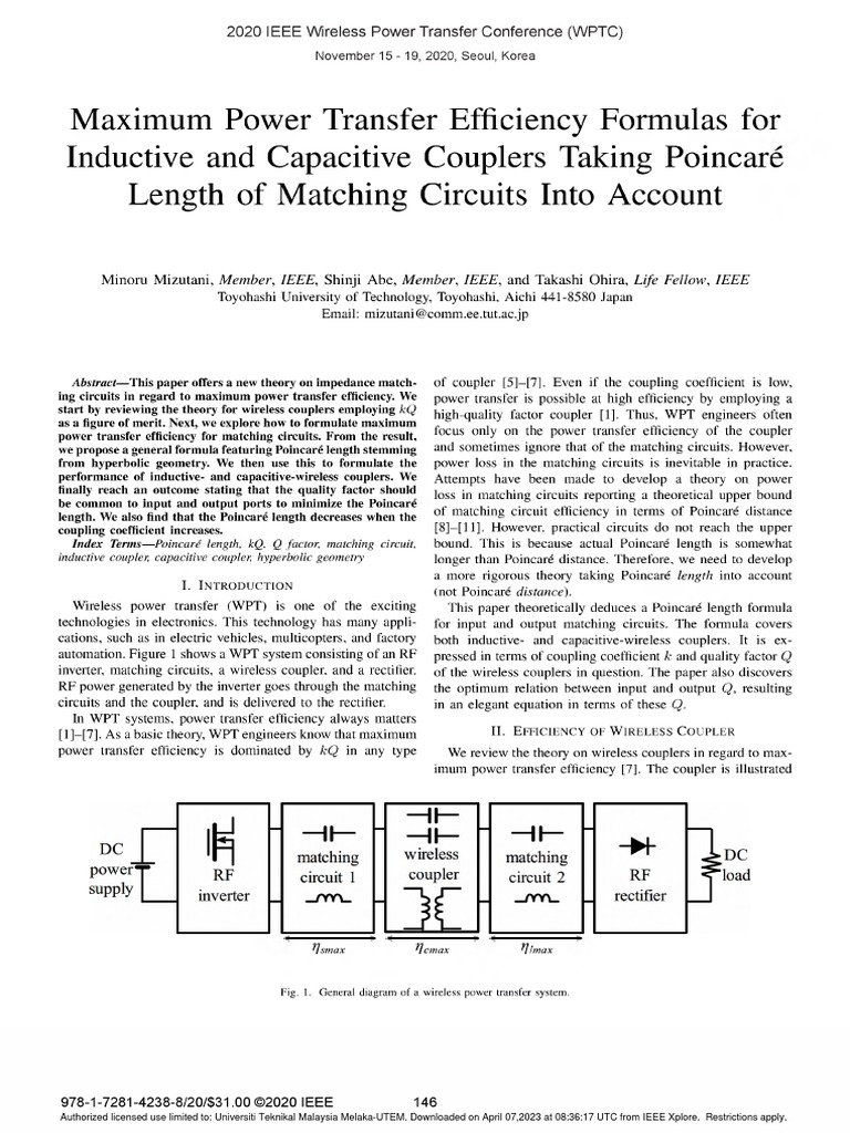 Maximum Power Transfer Efficiency Formulas For Inductive and Capacitive Couplers Taking Poincar ...