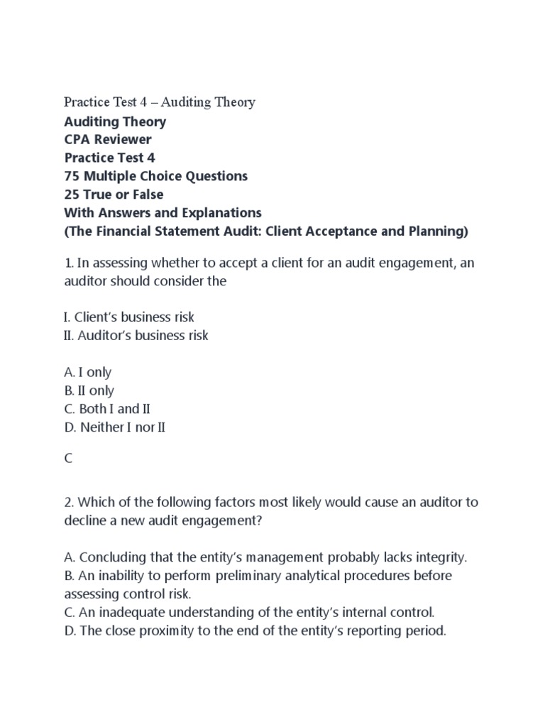 Practice Test 4 - Auditing Theory | PDF | Financial Audit | Audit