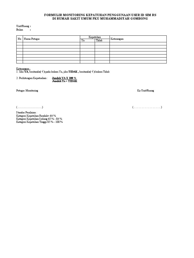 Formulir Monitoring Kepatuhan Penggunaan User Id Sim RS | PDF