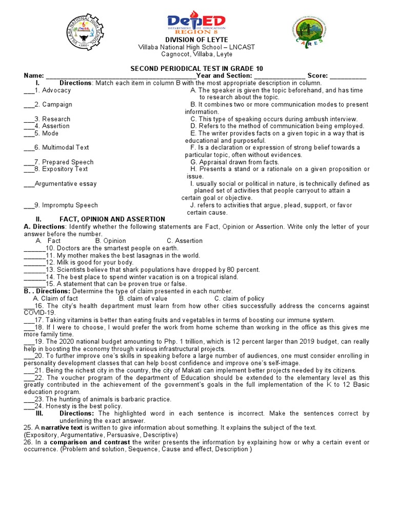 Periodical Test in Grade 10 English | PDF | Public Speaking | Knowledge