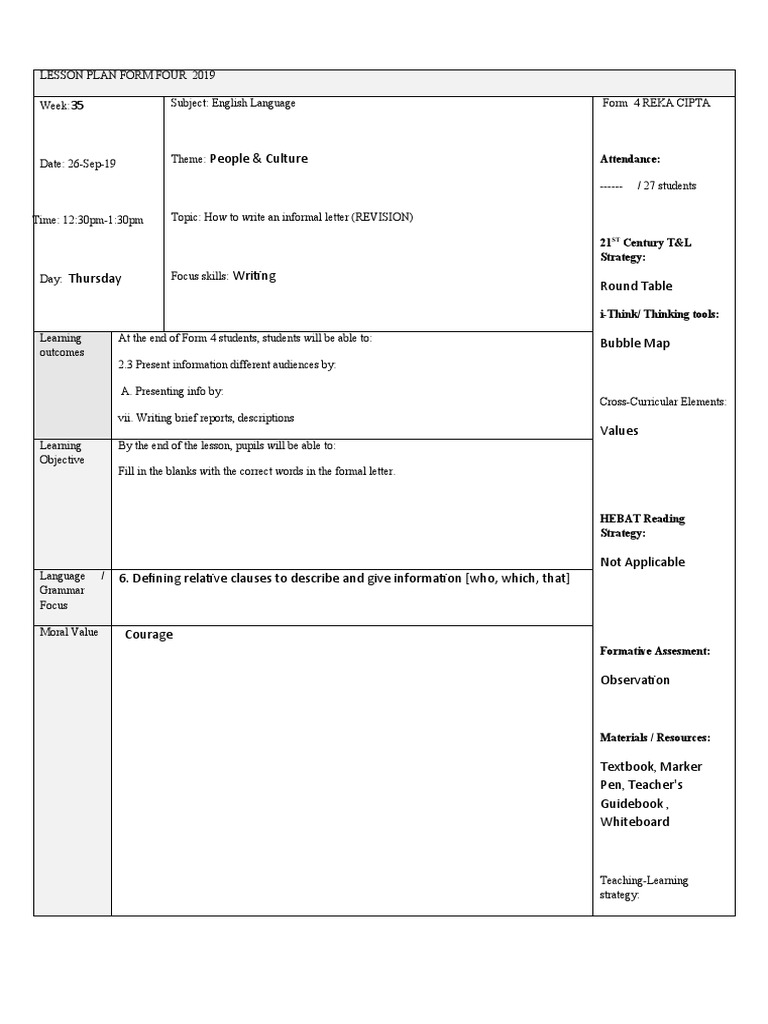 lesson plan form 4 rc 25.9.2019(informal) | PDF