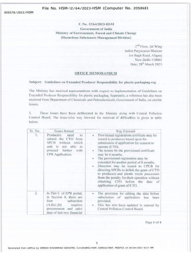 MoEFCC - OM - CPCB - 28.03.2023 - Guidelines On EPR For Plastic ...