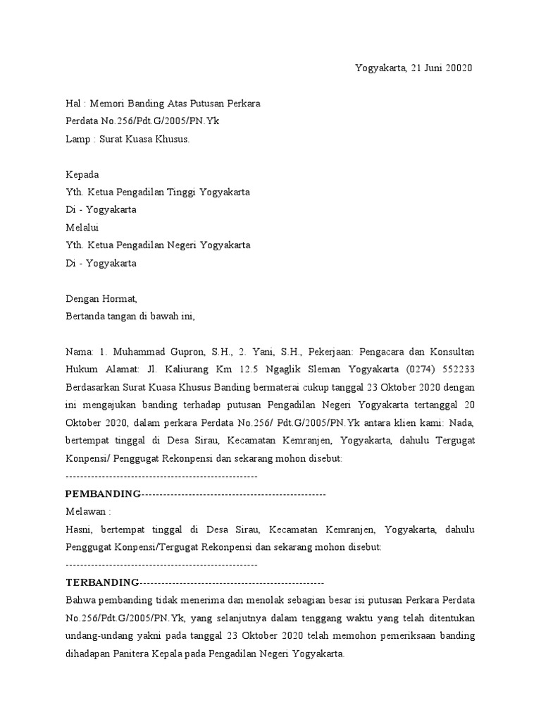 Contoh Memori Banding Perdata | PDF