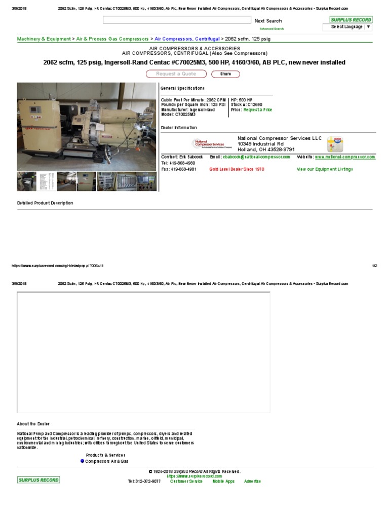 2062 SCFM, 125 Psig, I-R Centac C70025M3, 500 HP, 4160-3-60, Ab PLC ...