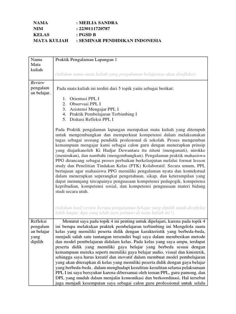 Jurnal Refleksi - PPL 1 | PDF
