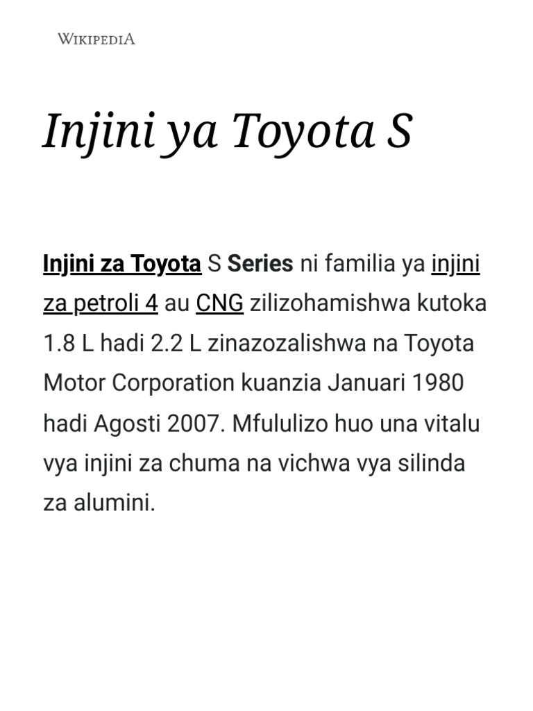 Injini Ya Toyota S - Wikipedia | PDF