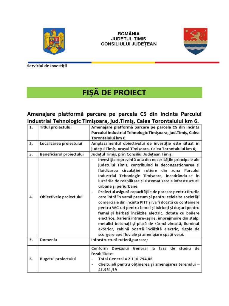 Fisa de Proiect Amenajare Parcare PITT | PDF