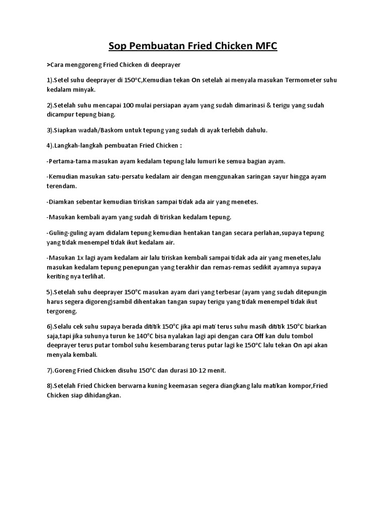 Sop Pembuatan Fried Chicken MFC | PDF