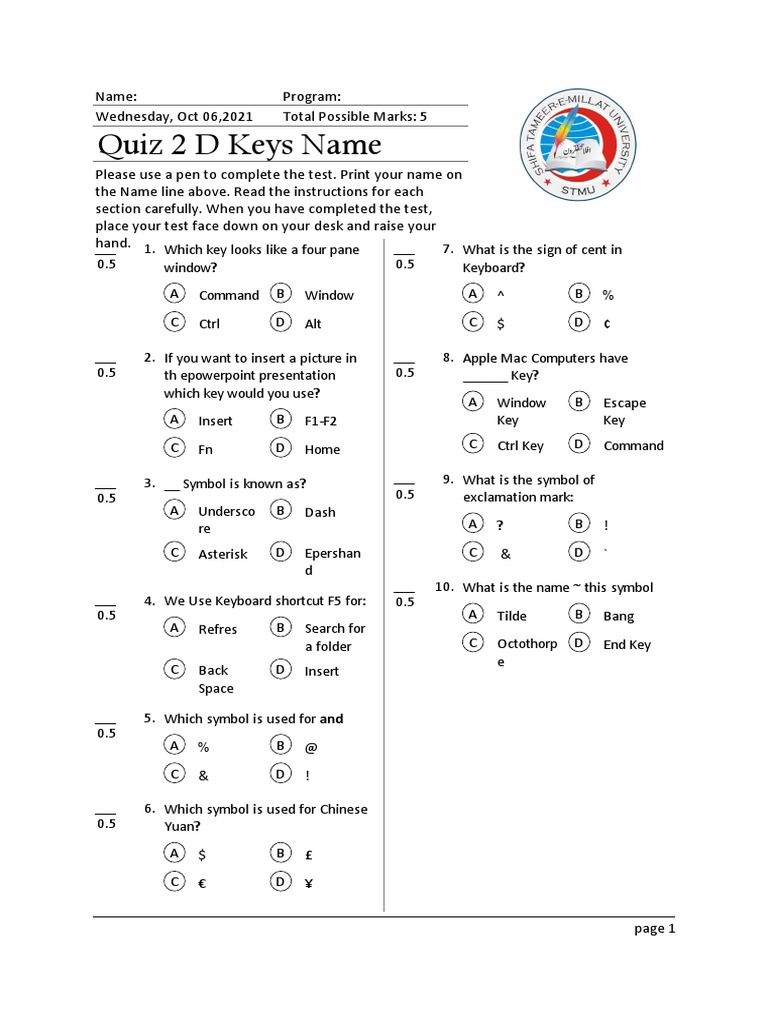 Keyboard Symbols Quiz Guide | PDF
