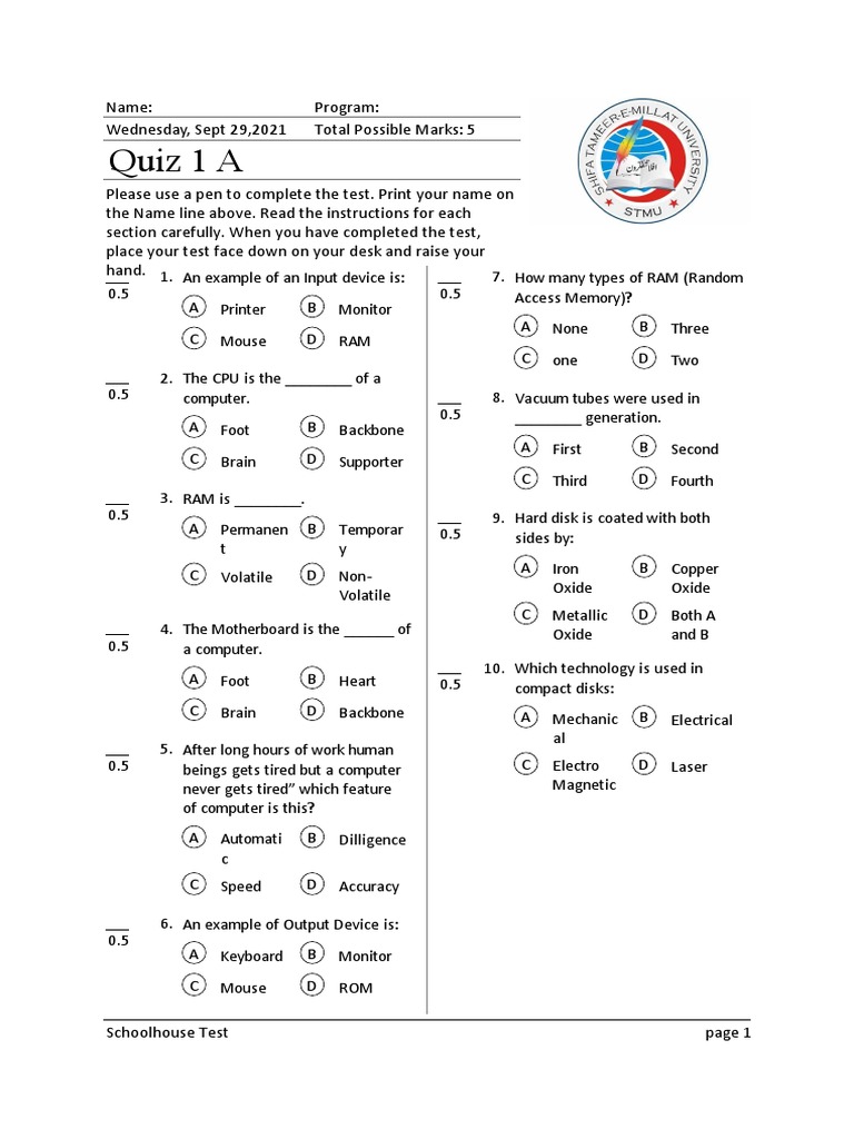 Itc Quiz1 A Pdf Random Access Memory Input Output