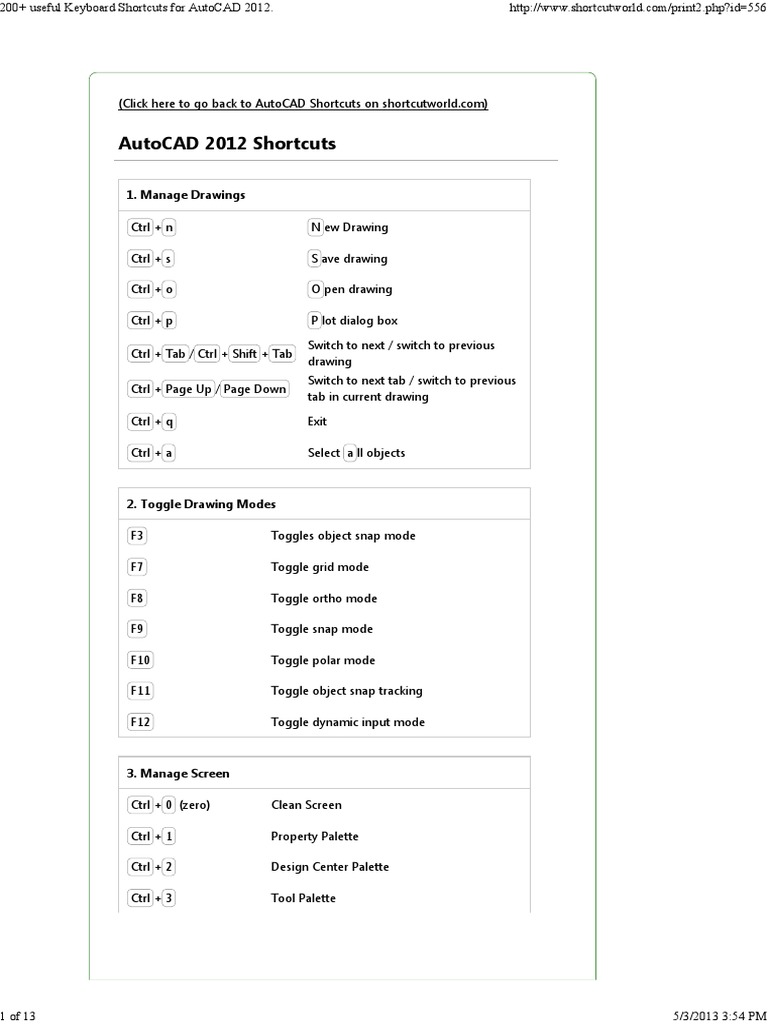 200+ Useful Keyboard Shortcuts For AutoCAD 2012 | PDF | 3 D Computer ...