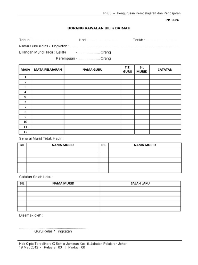 Dokumen - Tips Pk03 4 Borang Kawalan Bilik Darjah | PDF