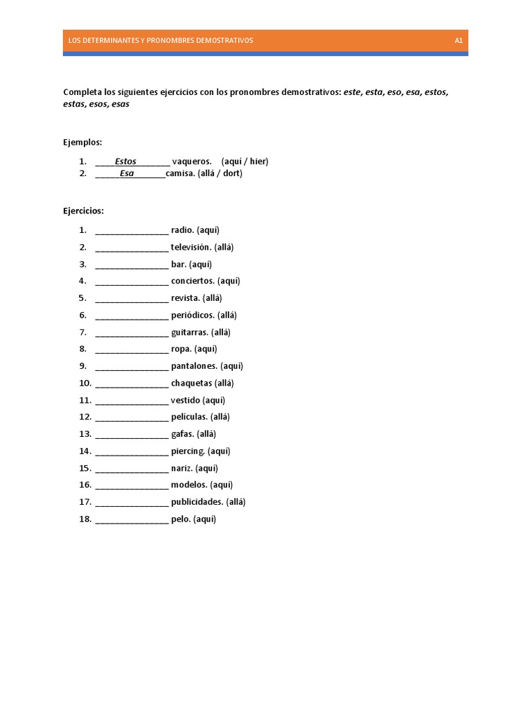 Ejercicios de Pronombres Demostrativos A1 | PDF | Artes del Lenguaje y ...