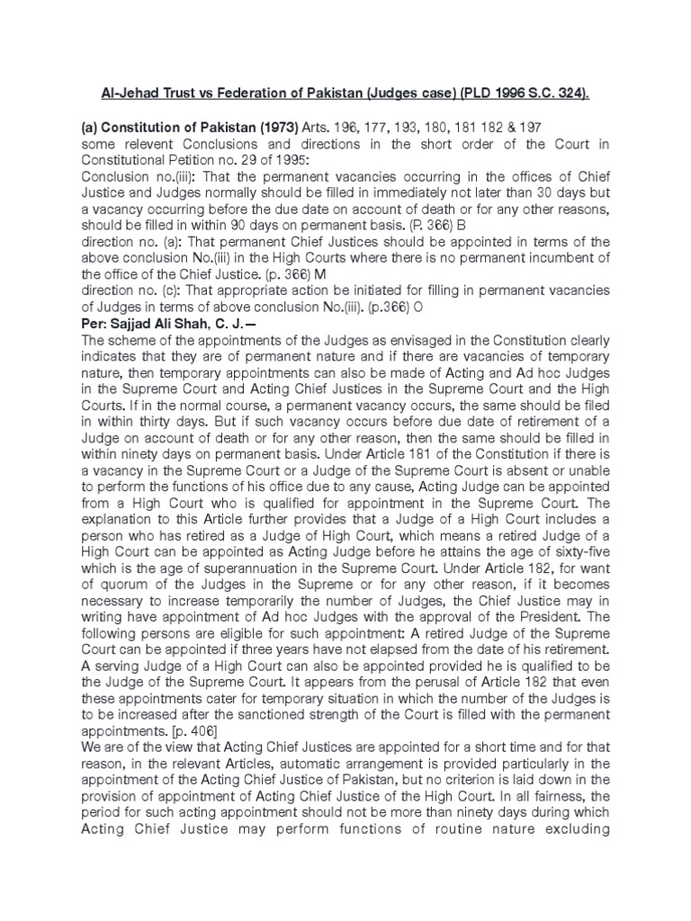 Al-Jehad Trust Vs Federation of Pakistan (Judges Case) (PLD 1996 S.C. 324) . | PDF | Judge ...