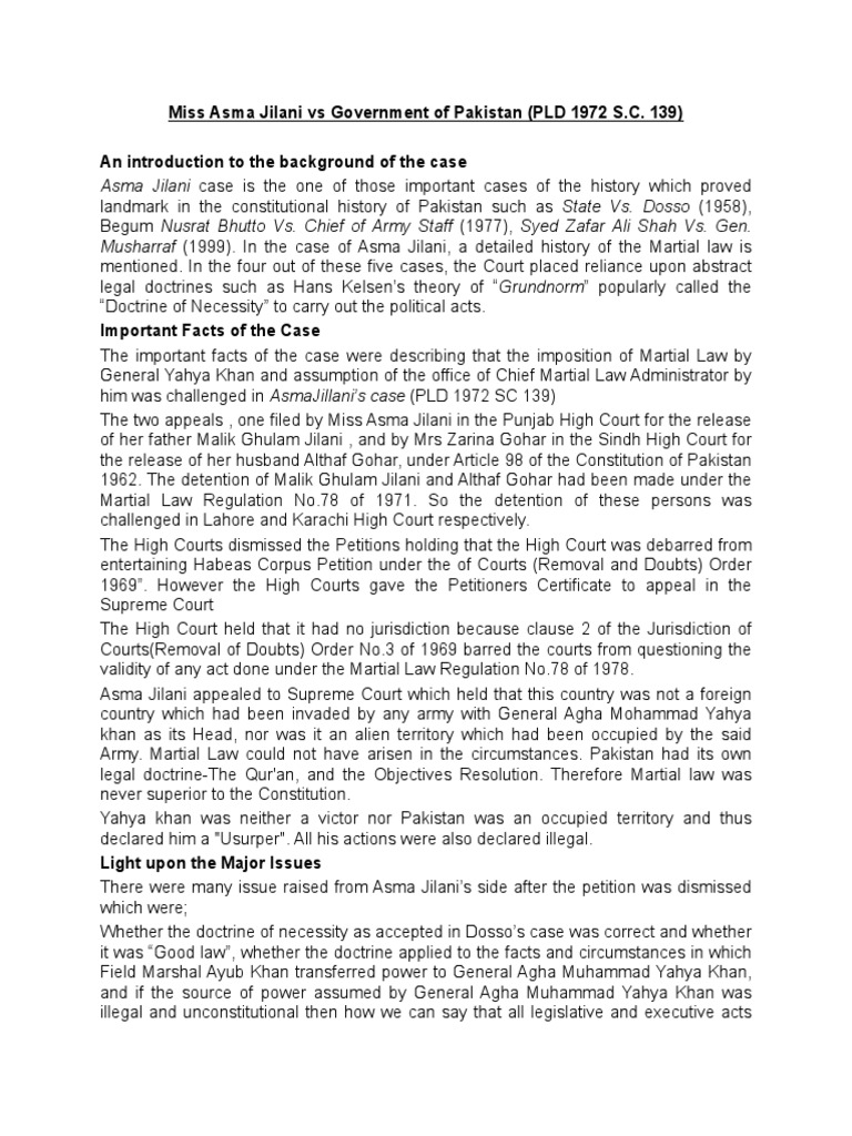 Miss Asma Jilani Vs Government of Pakistan (PLD 1972 S.C. 139) PDF ...