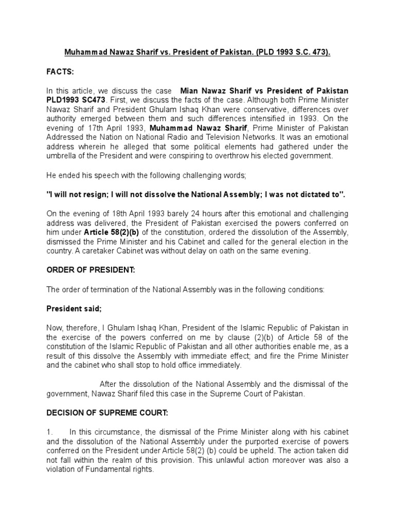 Muhammad Nawaz Sharif vs. President of Pakistan. (PLD 1993 S.C. 473 ...