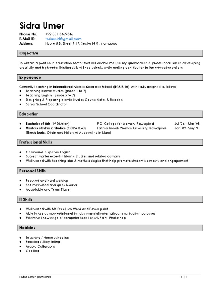 Sidra Umer - CV | PDF