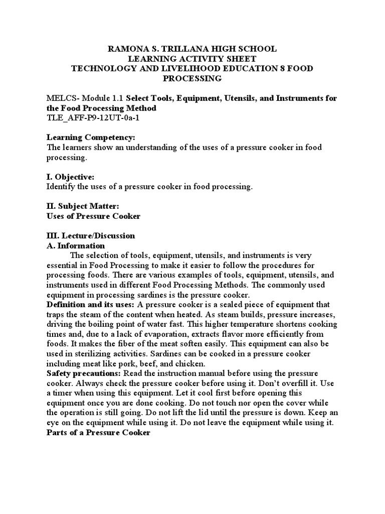 Las Sample Intervention Tle 8 2ND Quarter | PDF | Pressure Cooking ...