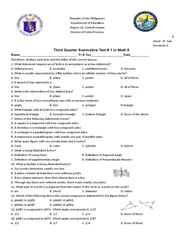 Third Quarter Math 8 | PDF | Triangle | Rectangle