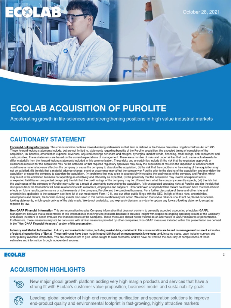 Ecolab's Acquisition of Purolite Overview | PDF | Biopharmaceutical | Risk