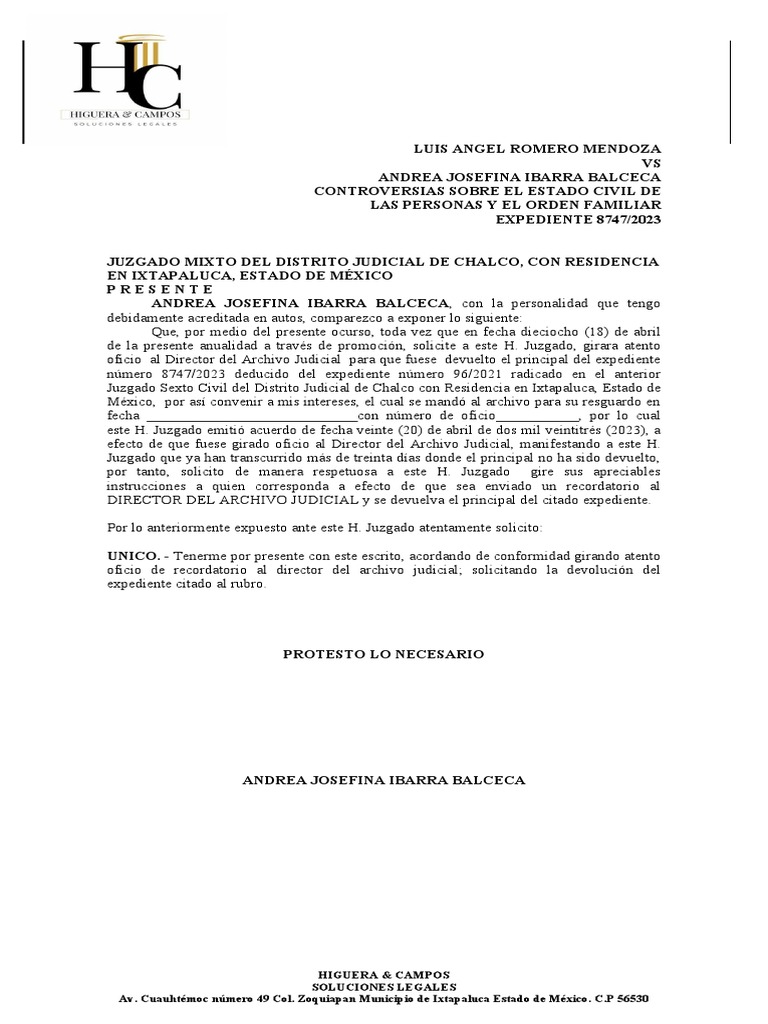 Escrito Recordatorio Devolucion Expediente Andrea | PDF
