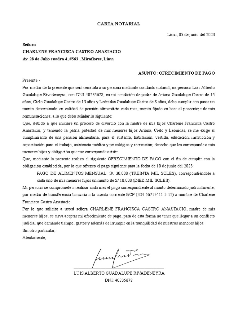 Carta Notarial de Ofrecimiento de Pago | PDF