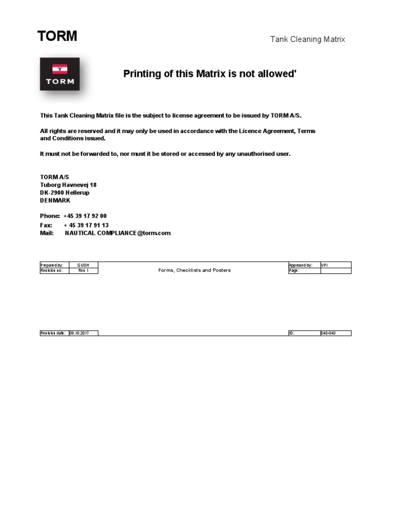 Torm - CPP + Chemical Tank Cleaning Matrix Rev 1 | PDF | Water | Combustion