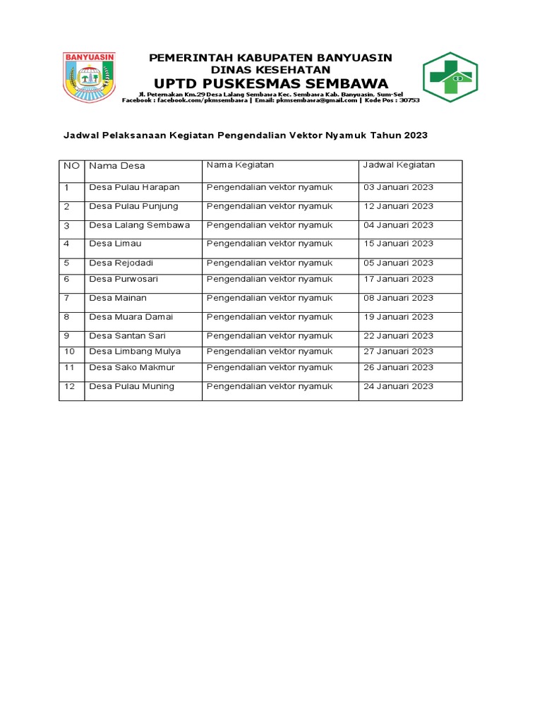 Jadwal Kegiatan Program DBD Dan Kecacingan 2023 | PDF