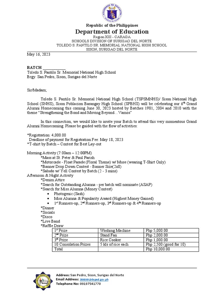 Letter Communication For Alumni Homecoming | PDF