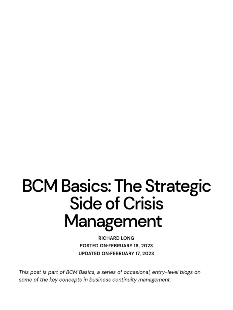 BCM Basics - The Strategic Side of Crisis Management | PDF