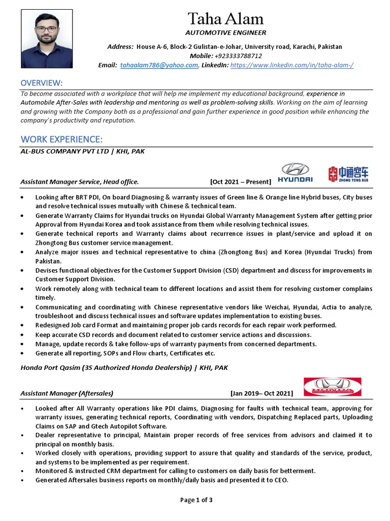Taha Alam CV | PDF | Motor Vehicle | Vehicles