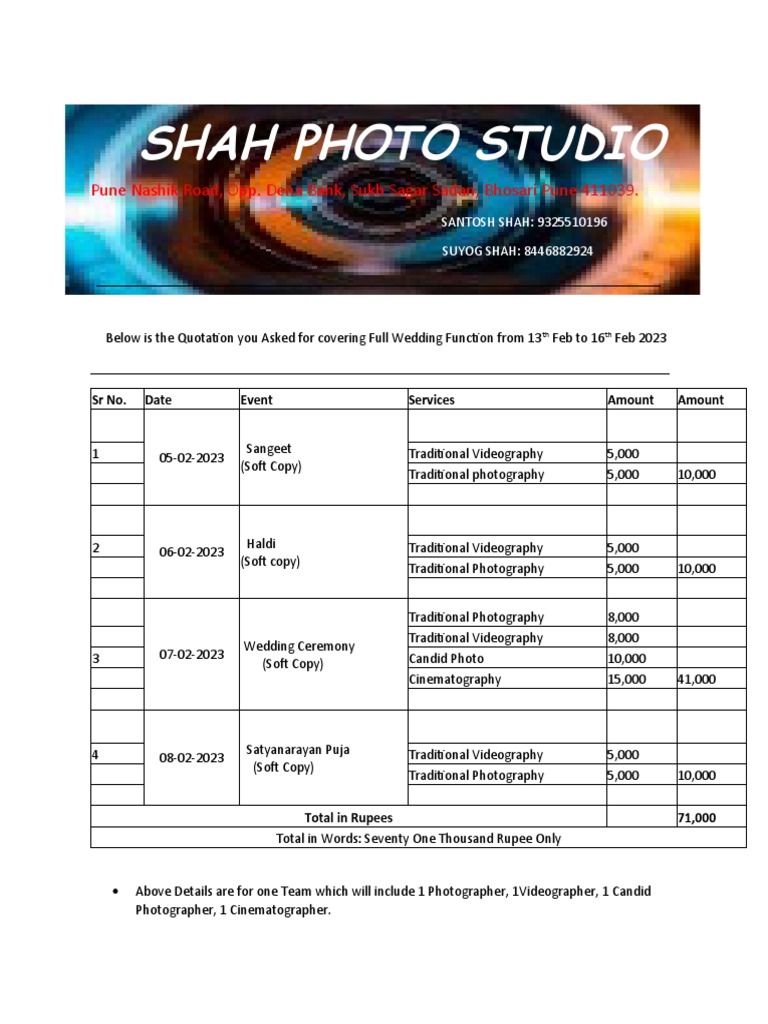 Quotation Shah Photo Studio Wedding Final JD | PDF