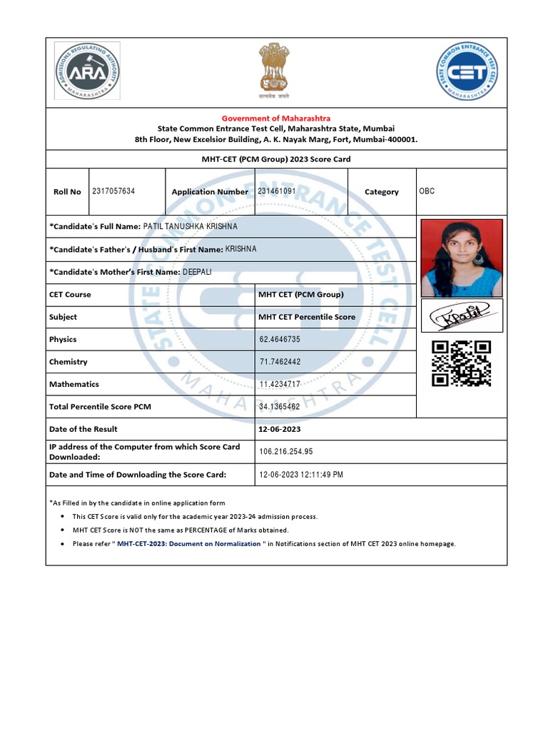 Government of Maharashtra: MHT-CET-2023: Document On Normalization | PDF