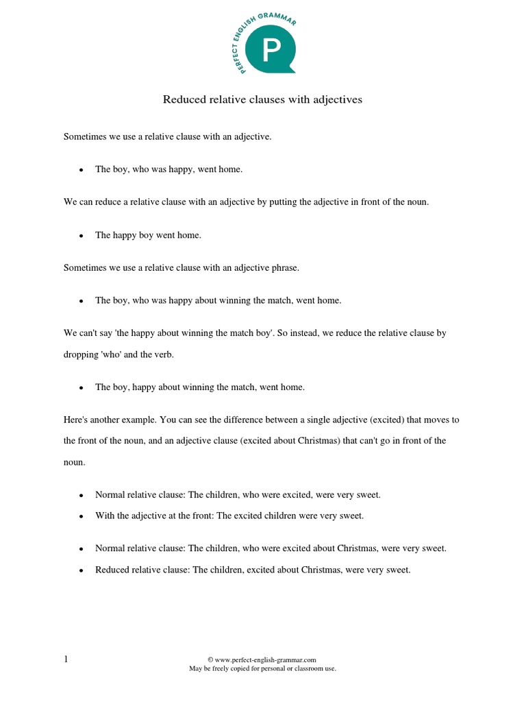 Reduced Relative Clauses With Adjectives | PDF | Adjective | Noun