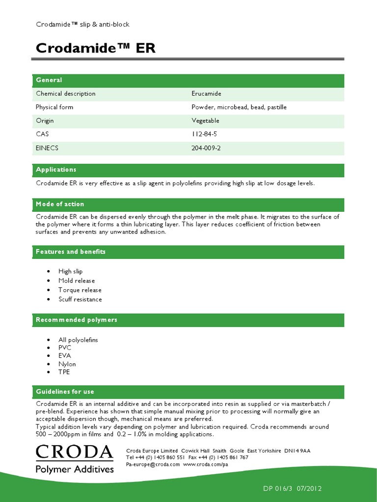 Crodamide ER Z 000040 Technical Data Sheet | PDF | Lubricant | Polymers