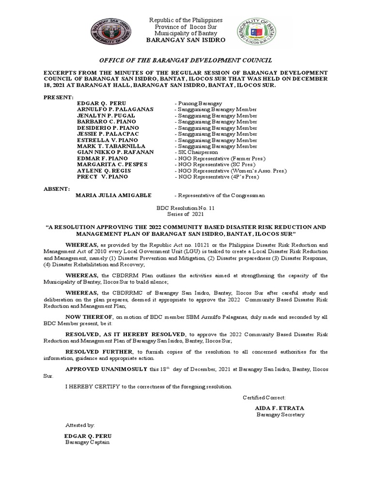 BDC Resolution BDRRM Plan | PDF