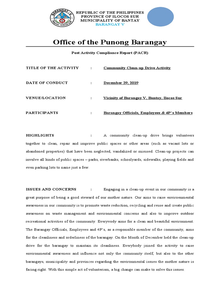 Barangay V Clean-Up Drive Report | PDF