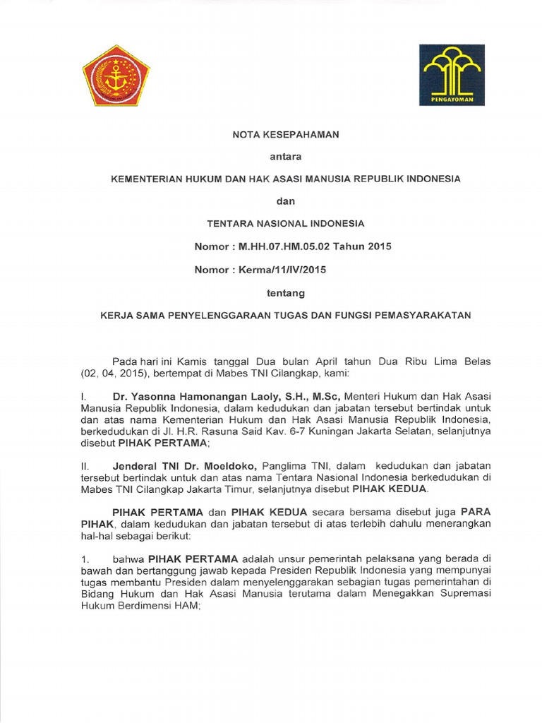 Nota Kesepahaman 2015 TNI | PDF